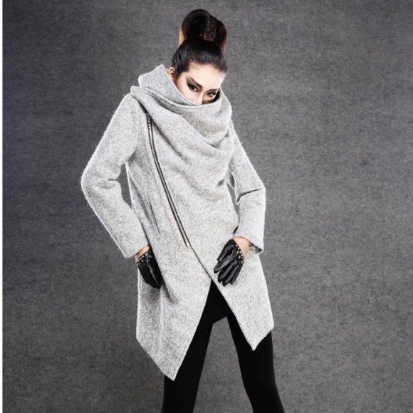 Jackets & Coats | Gray Wool Boucle Coat Cowl Neck Asymmetrical Wool ...